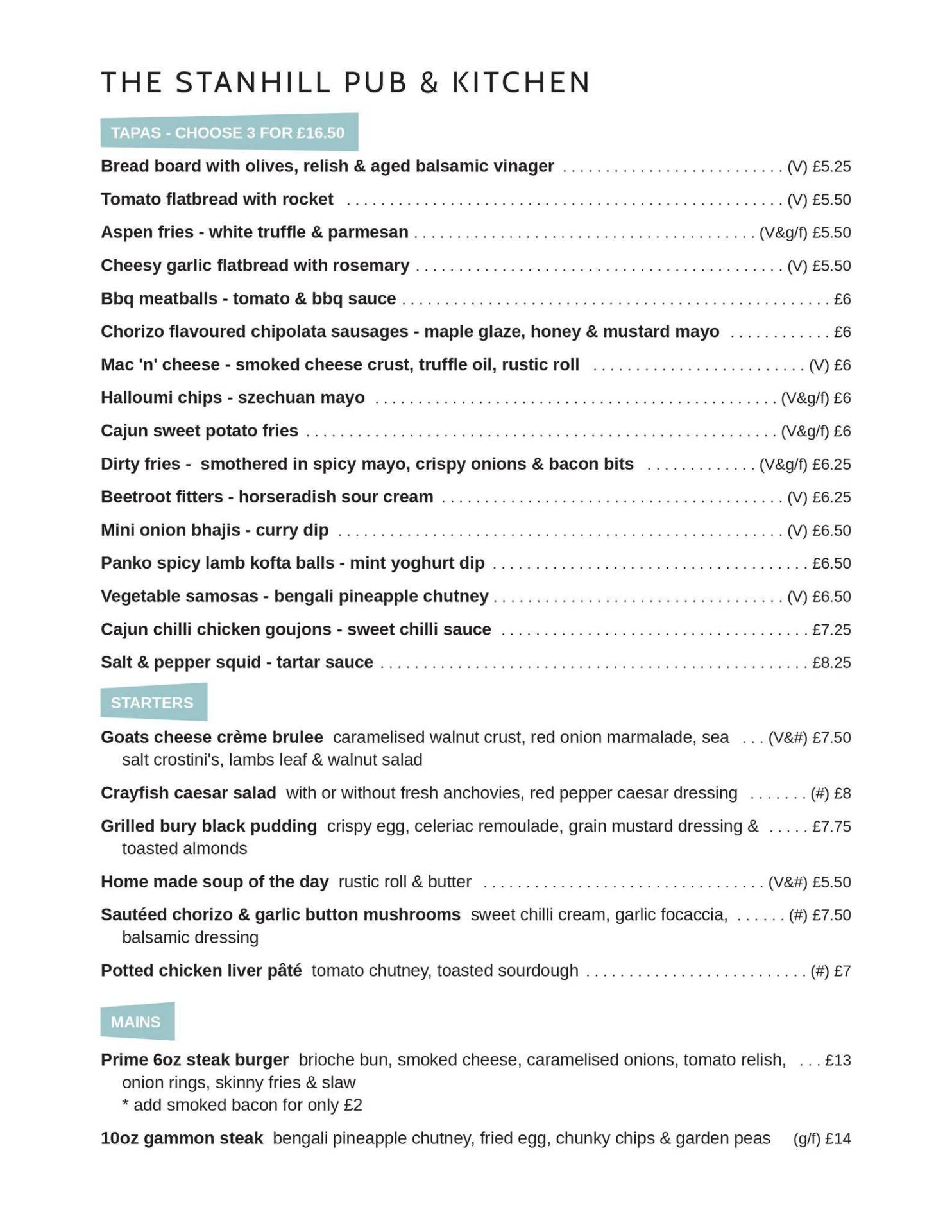The Stanhill Pub and Kitchen, Bar & pub, Main Menu - Oswaldtwistle ...