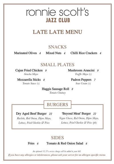 Ronnie Scott’s, Jazz club, Menu - London - Tabler