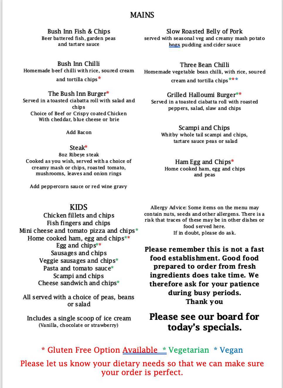 Bush Inn, Restaurant, Main Menu - Morwenstow, England, United Kingdom ...