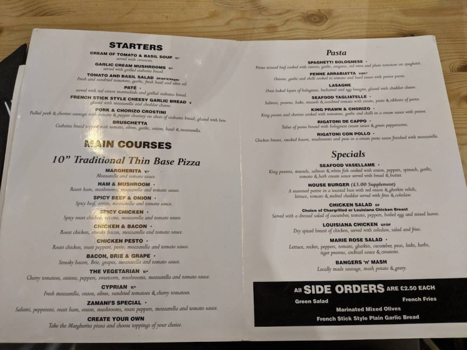 Zamani's Restaurant, Restaurant, Main Menu - Ashby de la Zouch, England ...