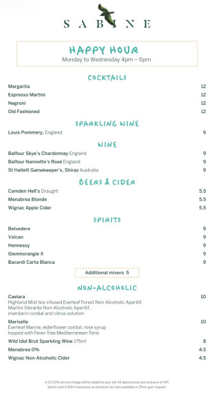 Sabine, Rooftop Bar, Menu - London - Tabler