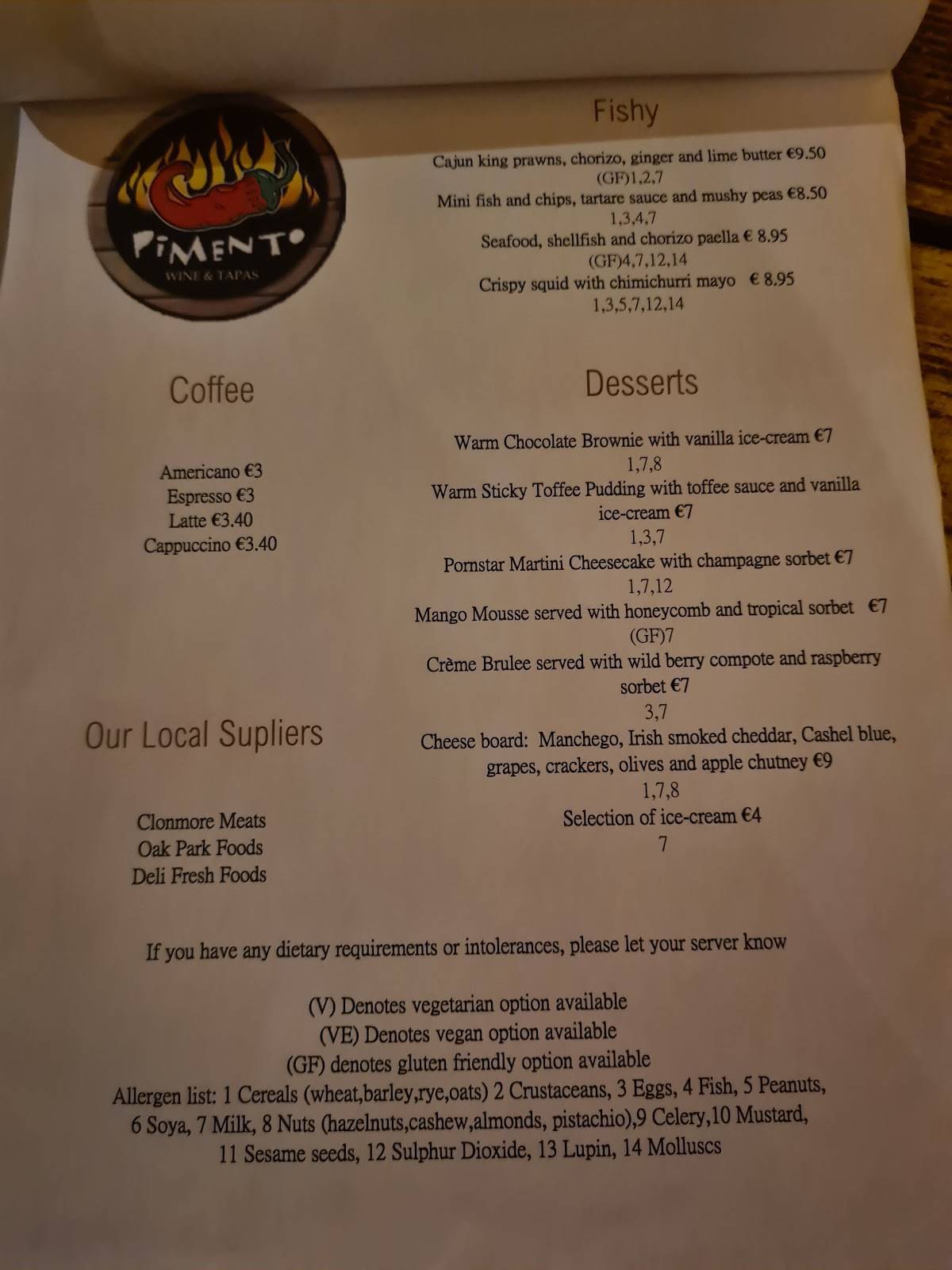 Pimento, Restaurant, Main Menu - Carlow, County Carlow, Ireland - Tabler