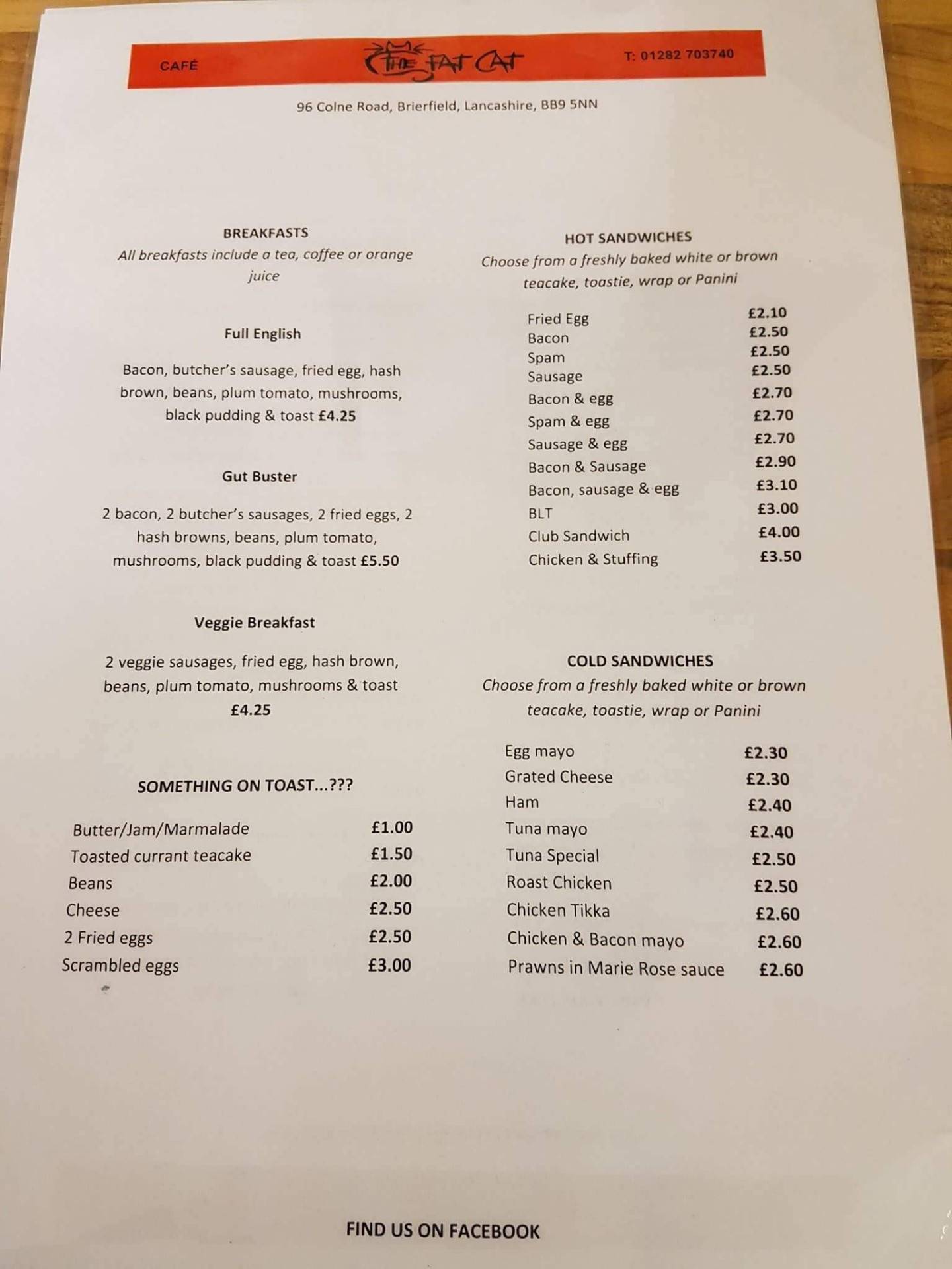 The Fat Cat Cafe, Cafe, Main Menu - Nelson, England, United Kingdom ...