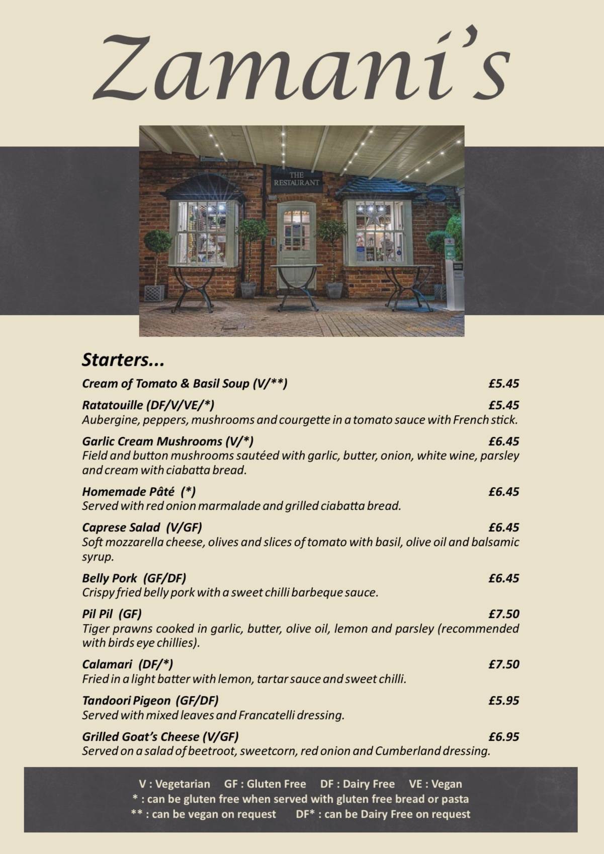 Zamani's Restaurant, Restaurant, Main Menu - Ashby de la Zouch, England ...
