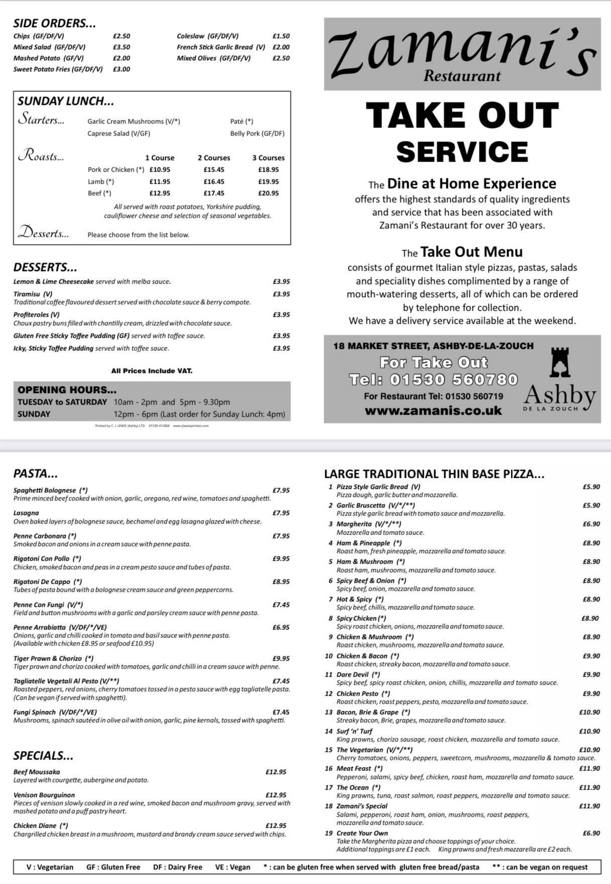 Zamani's Restaurant, Restaurant, Main Menu - Ashby de la Zouch, England ...
