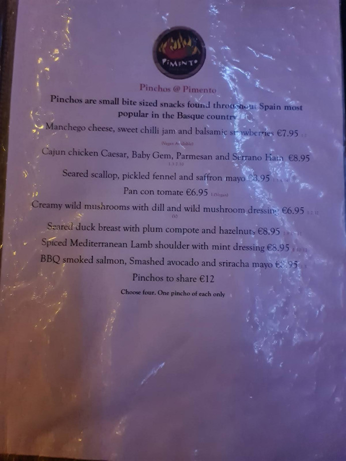 Pimento, Restaurant, Main Menu - Carlow, County Carlow, Ireland - Tabler