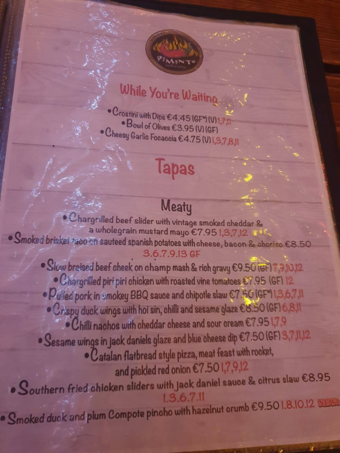 Pimento, Restaurant, Main Menu - Carlow, County Carlow, Ireland - Tabler