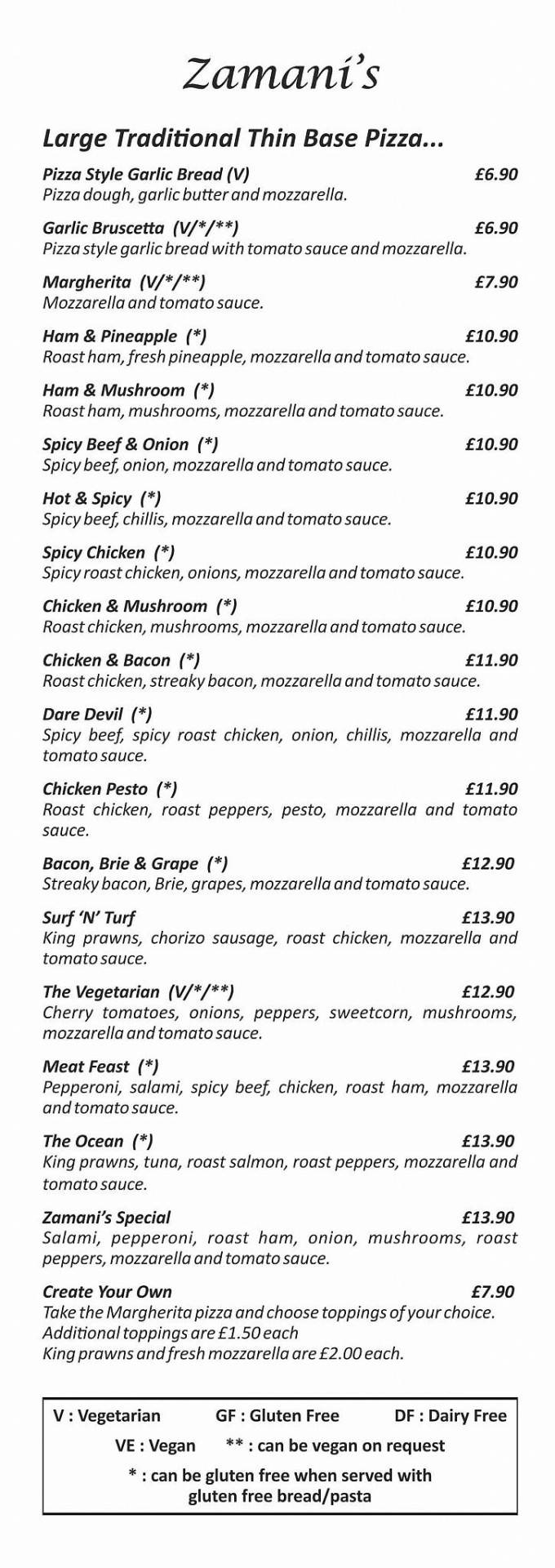 Zamani's Restaurant, Restaurant, Main Menu - Ashby de la Zouch, England ...
