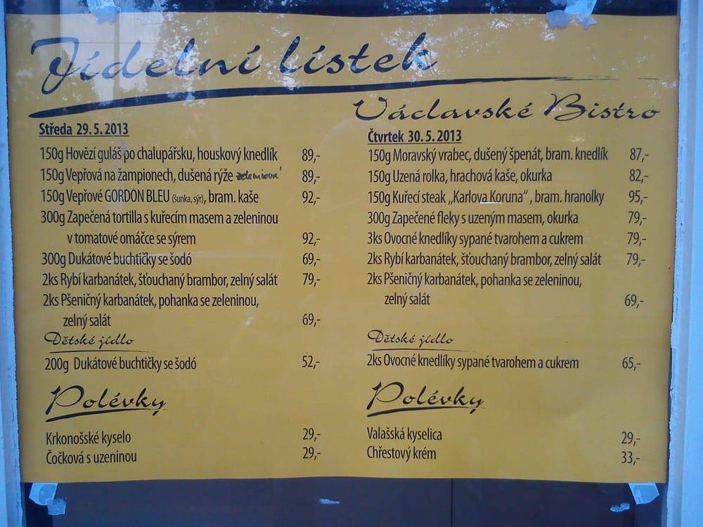 Václavské bistro, Fast food, Main Menu - Prague, Czech Republic - Tabler