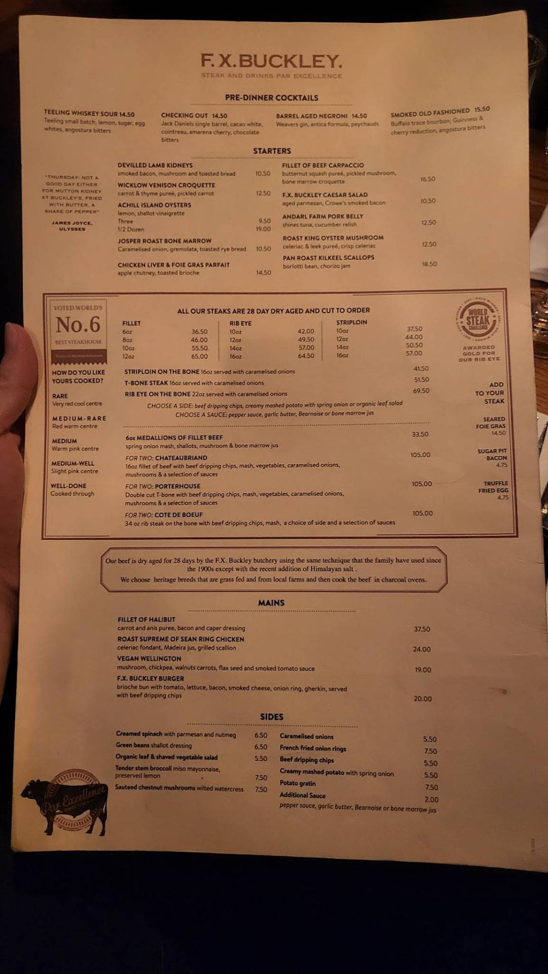 FX Buckley Steakhouse Crow Street, Restaurant, Main Menu - Dublin ...