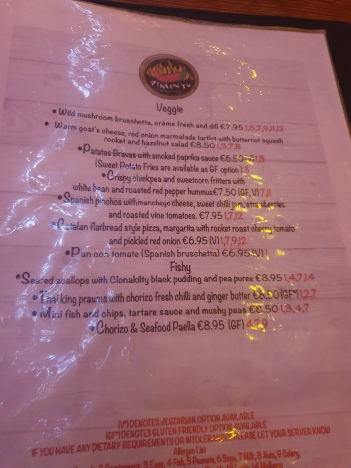 Pimento, Restaurant, Main Menu - Carlow, County Carlow, Ireland - Tabler