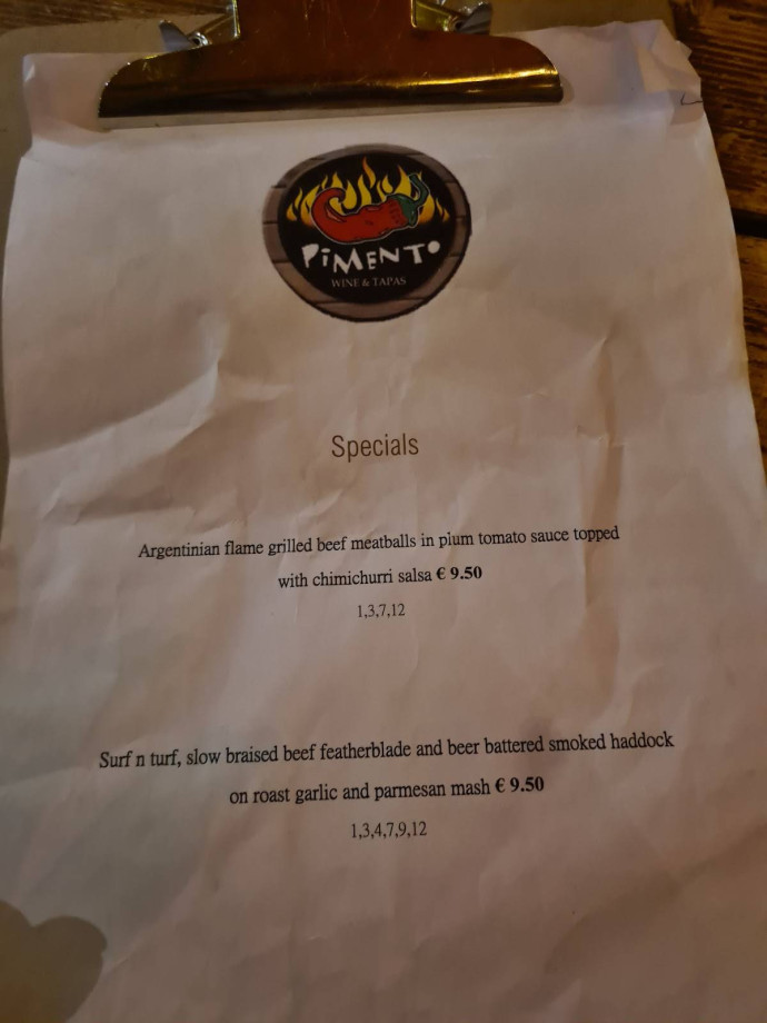 Pimento, Restaurant, Main Menu - Carlow, County Carlow, Ireland - Tabler