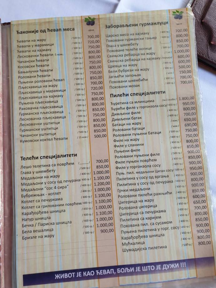 Restoran ČAČANIN, Restaurant, Main Menu - Belgrade, Serbia - Tabler